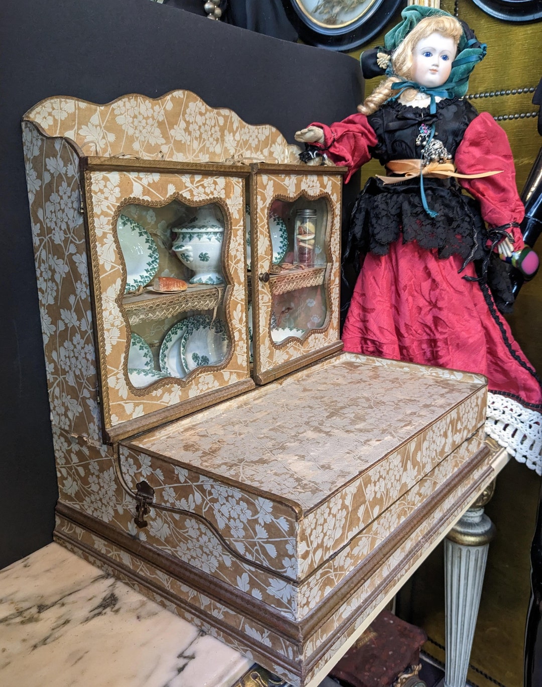 French Cabinet París Doll Size Dinner Service in Cabinet Brocade // 19 ...