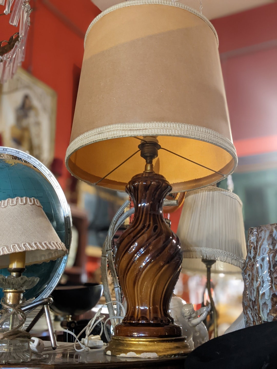 Vintage Table Lamp Manises Brown // Vintage Light Home Decor - Etsy