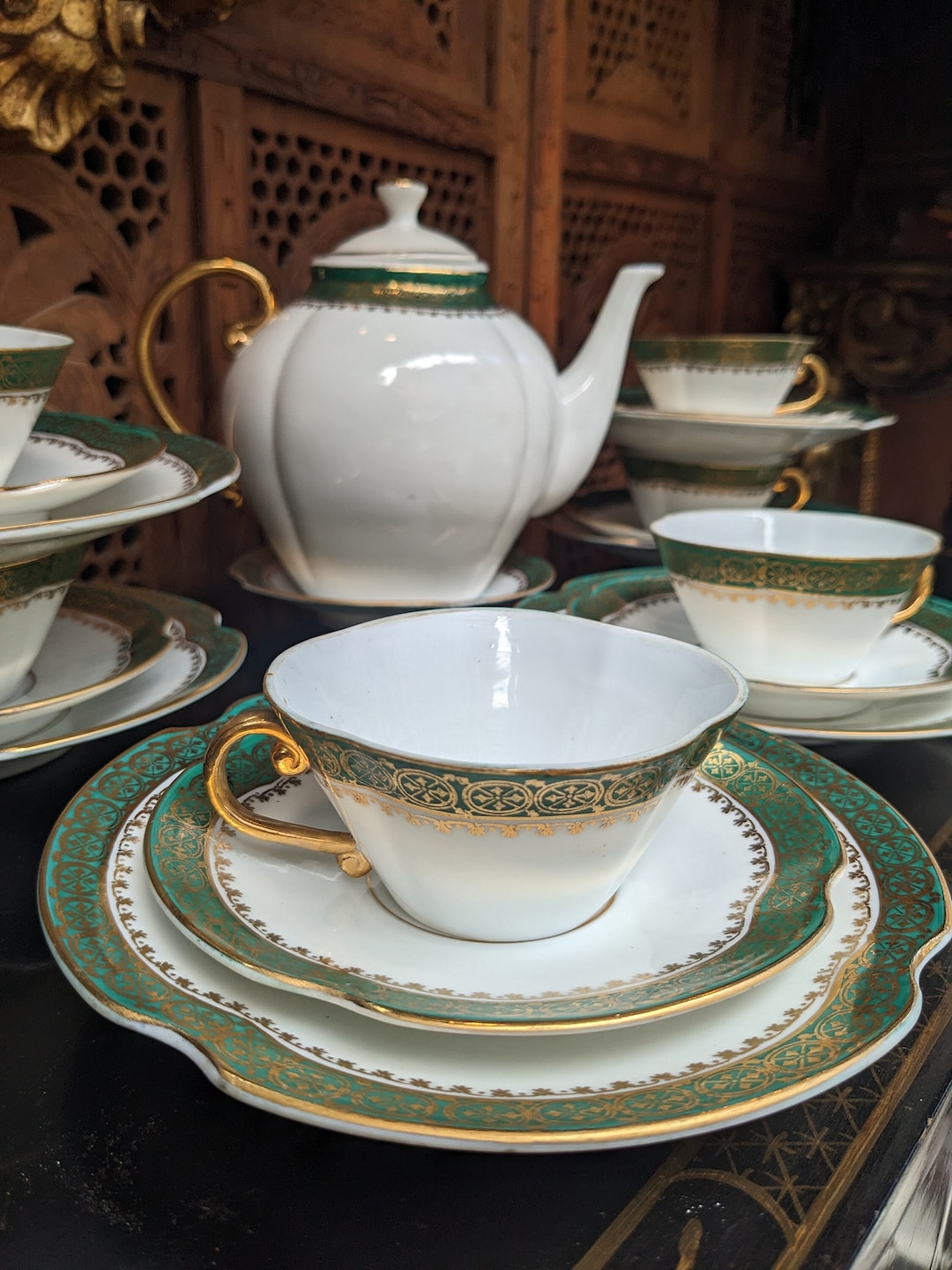 Vintage Tea Coffee Set Porcelain Vintage Castro Gold Green // Vintage ...