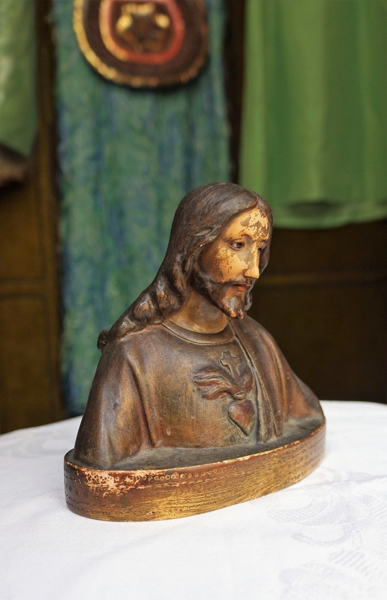 Vintage Sacred Heart of Jesus Plaster Statue // Religious - Etsy