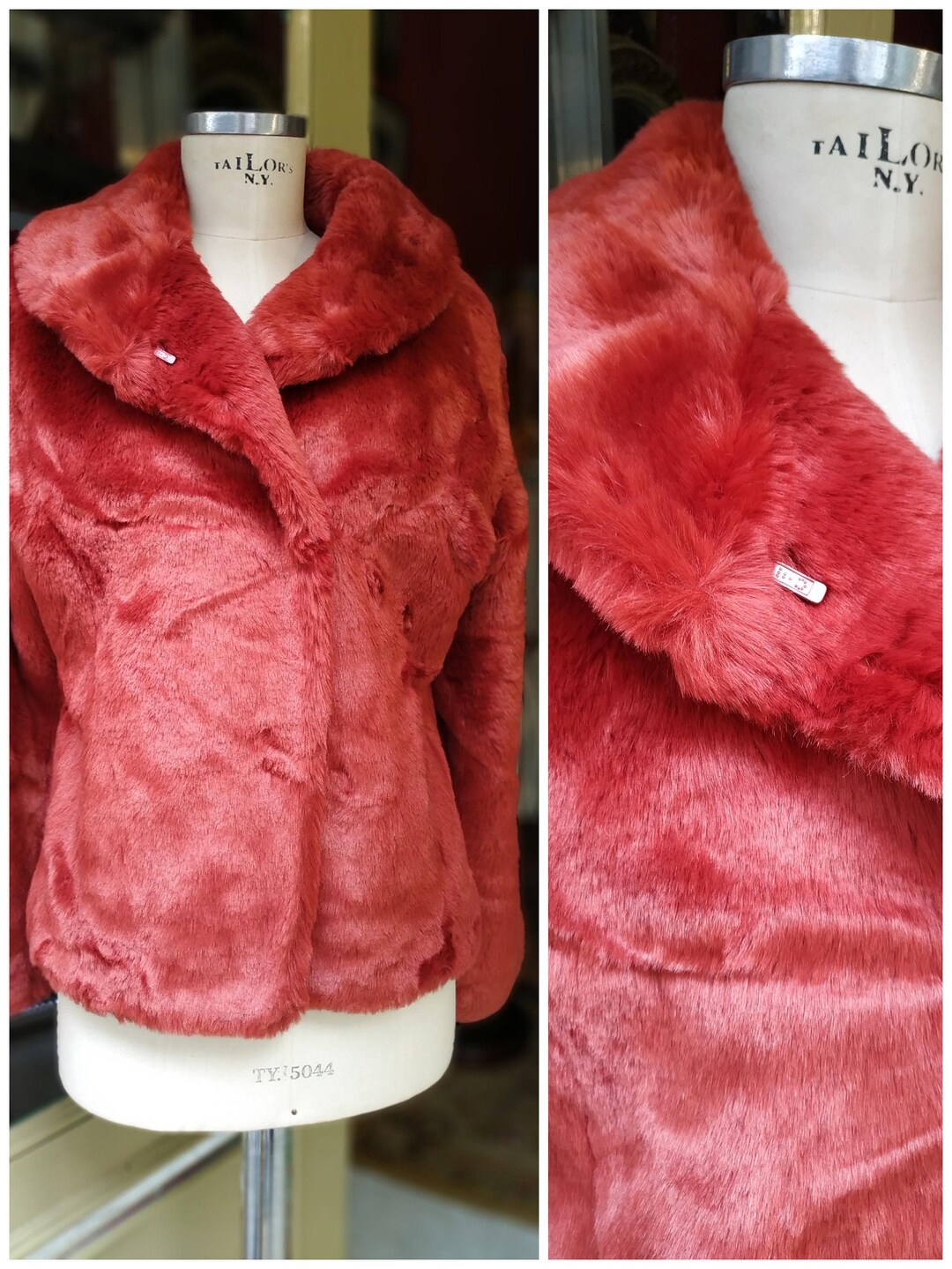 Vintage Vegan Faux Fur Red Jacket / Winter Coat With Pockets / Furly ...