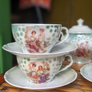 Victoria Czechoslovakia Vintage Tea Set Porcelain With Scenes // 12 ...