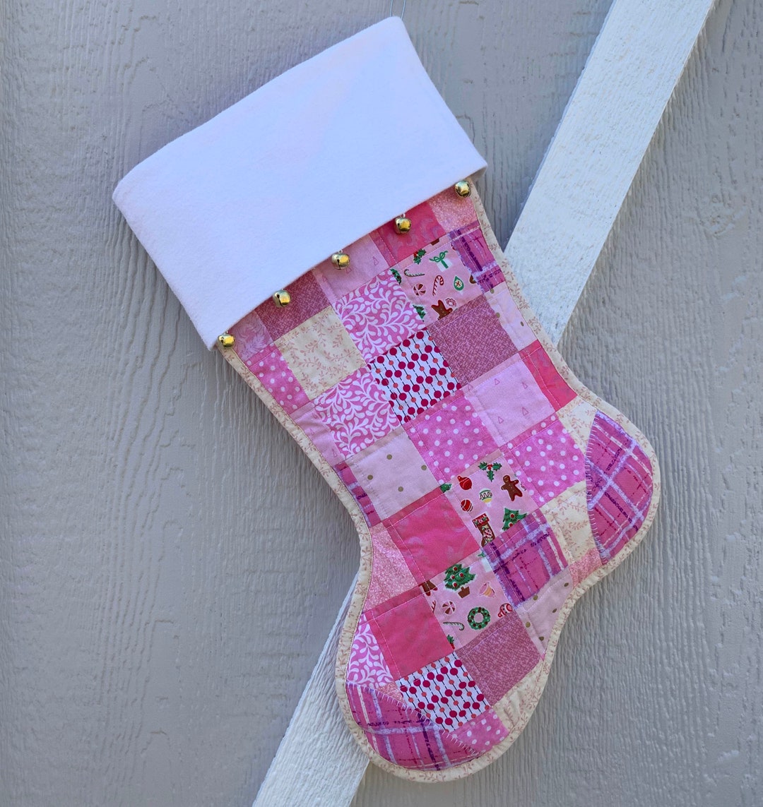 Scrappy Quilted Patchwork Christmas Stocking, Rose and Pink Cotton Fabric, White Flannel Cuff ...