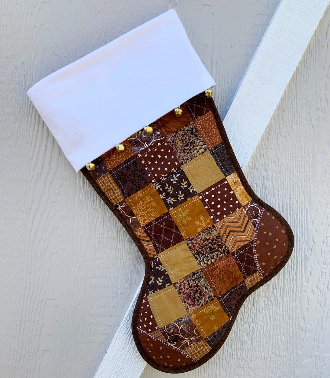 Scrappy Quilted Christmas Stocking, Brown and Copper Patchwork, Free Personalization, With ...