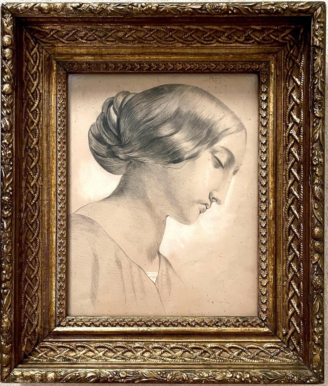Antique French Drawing, C. 1840 in 19th Century Gilt Frame, Large ...