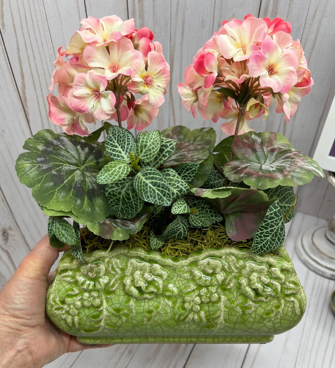 Pink Geranium Centerpiece: Silk Faux Flowers in Crackle Glaze Pot - Etsy