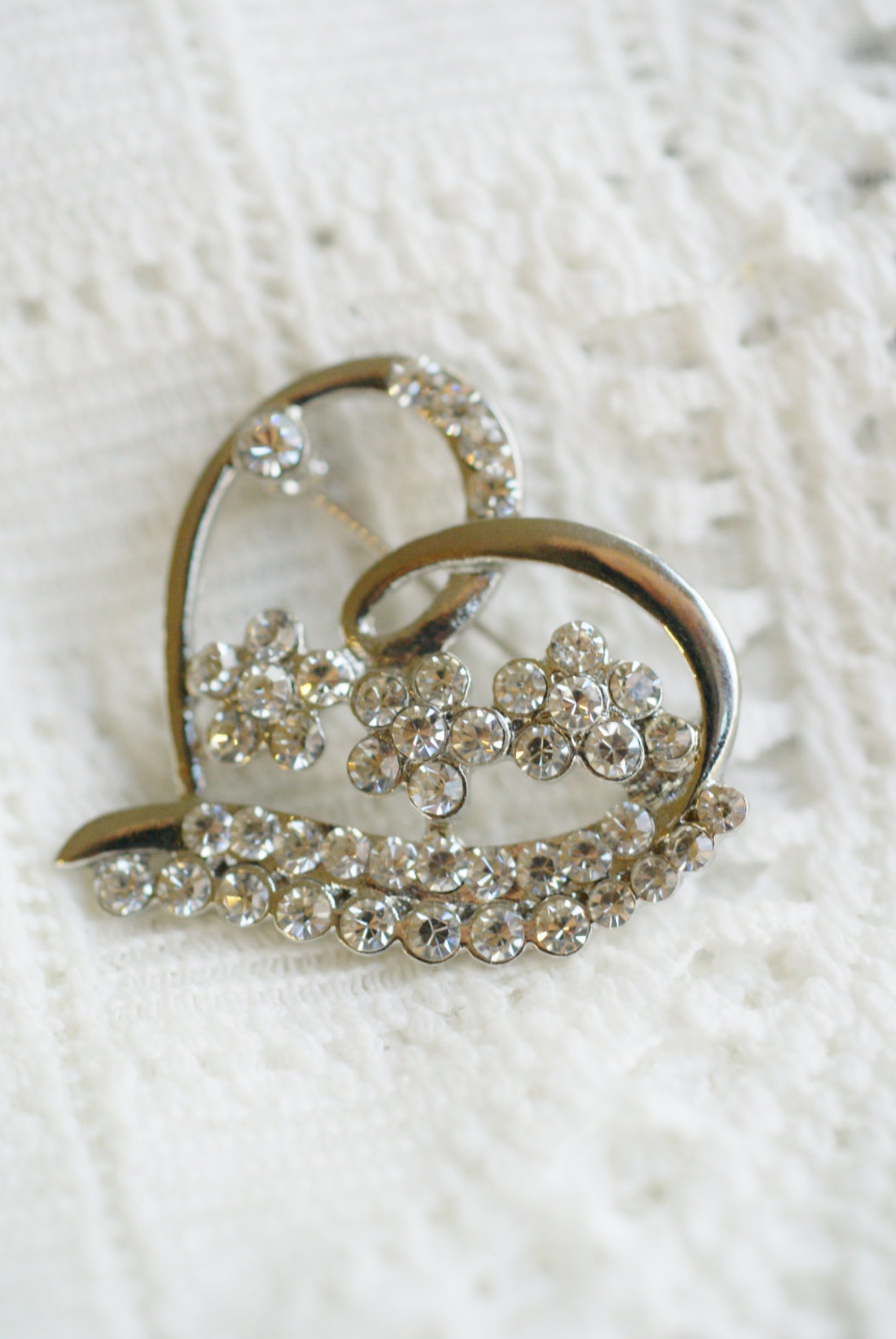 Vintage Silver Rhinestone Heart Brooch Silver Tone With - Etsy
