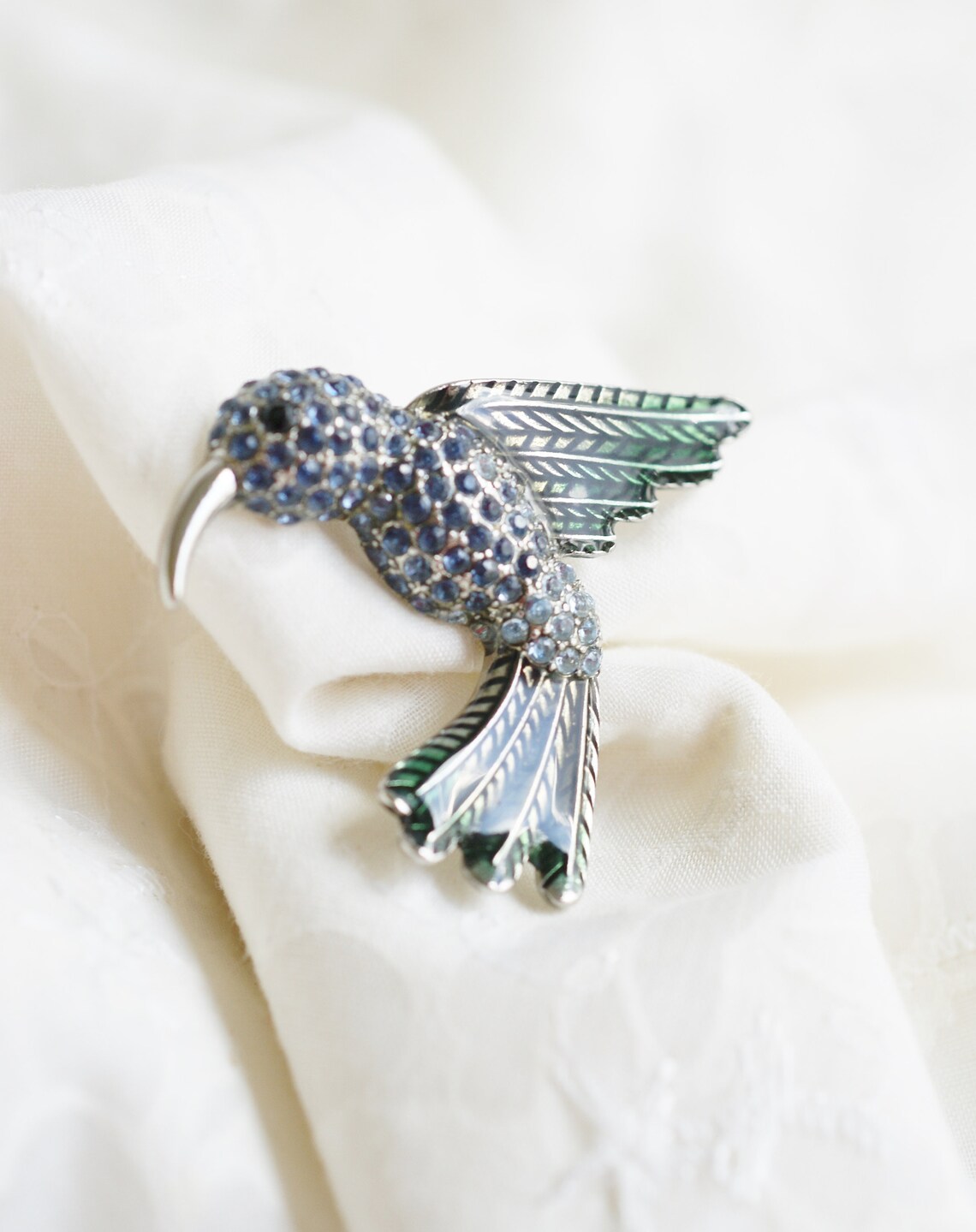 Vintage Silver Enamel Hummingbird W/blue Rhinestones Pin Vtge Blue ...
