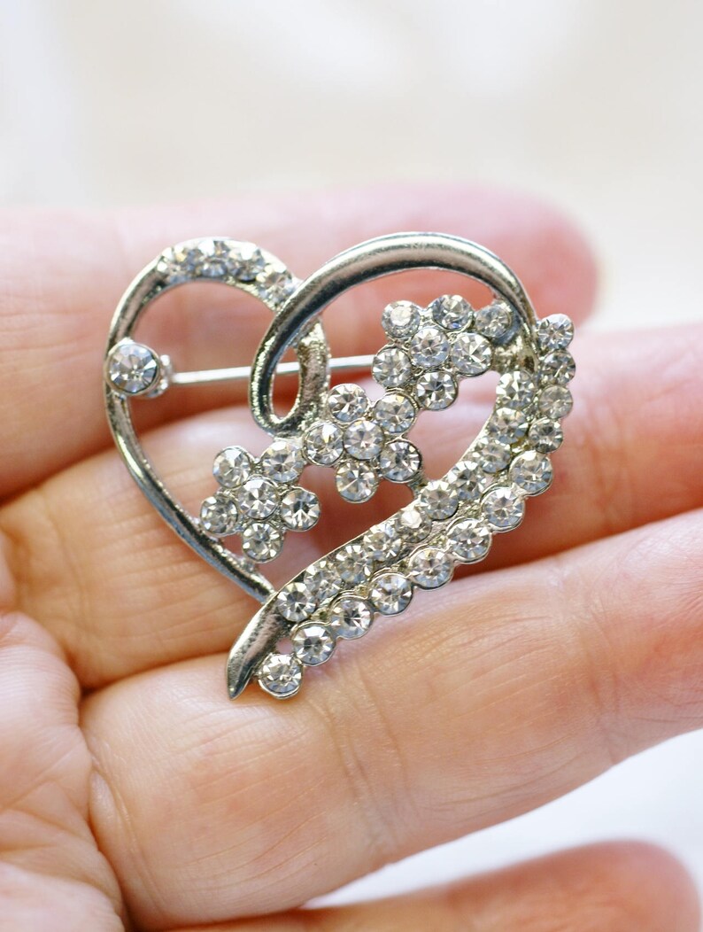 Vintage Silver Rhinestone Heart Brooch Silver Tone With - Etsy