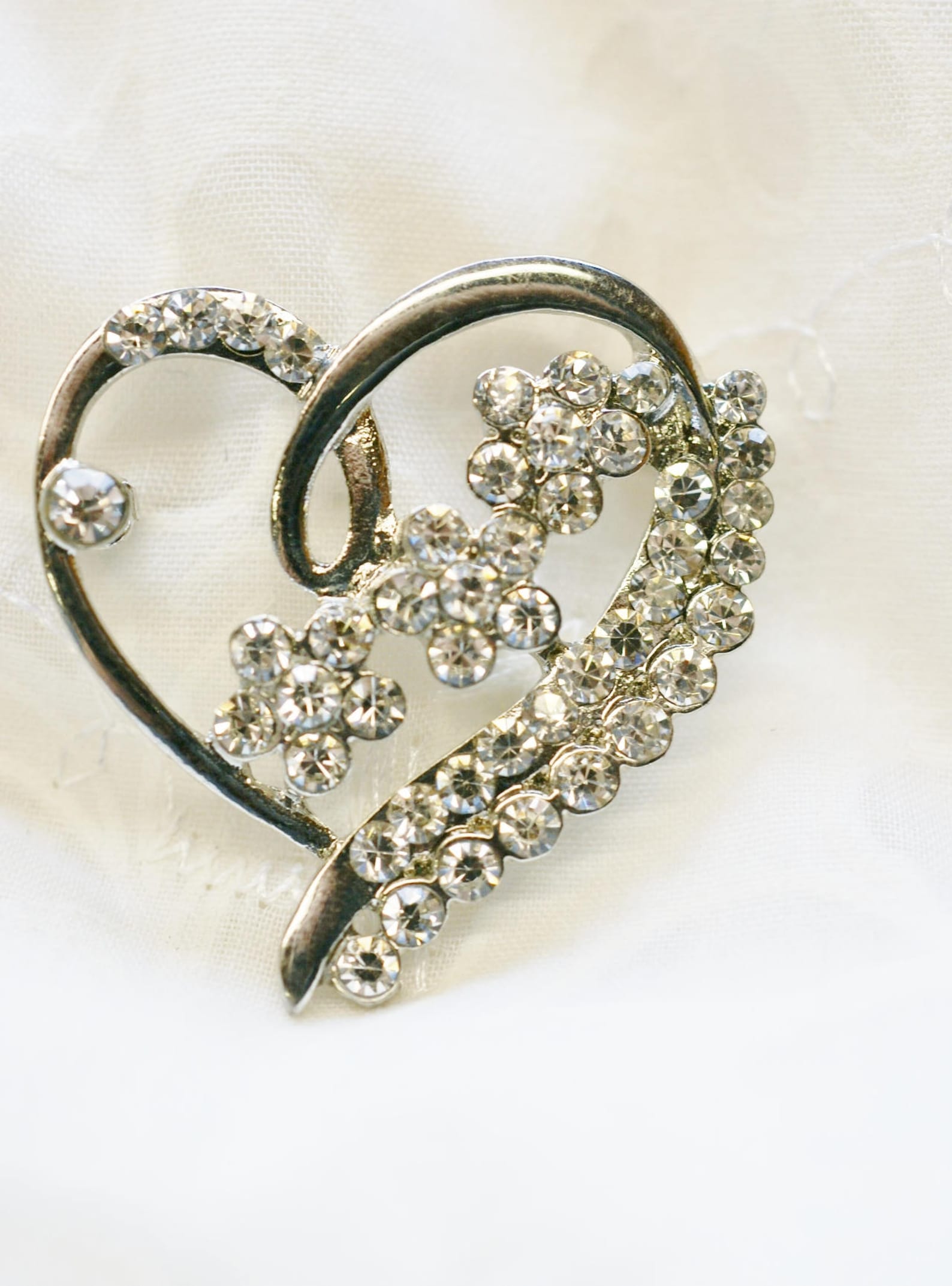 Vintage Silver Rhinestone Heart Brooch Silver Tone With | Etsy