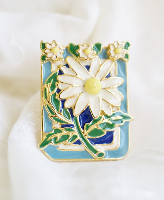 Vintage SFJ Rectangle Enamel Sunflower Pin - Numbere… - Gem