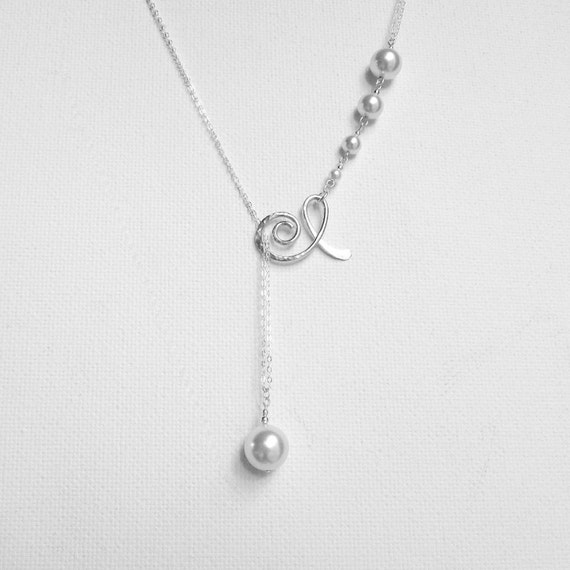 White Pearl Necklace Swarovski Pearl Necklace Lariat Necklace Etsy