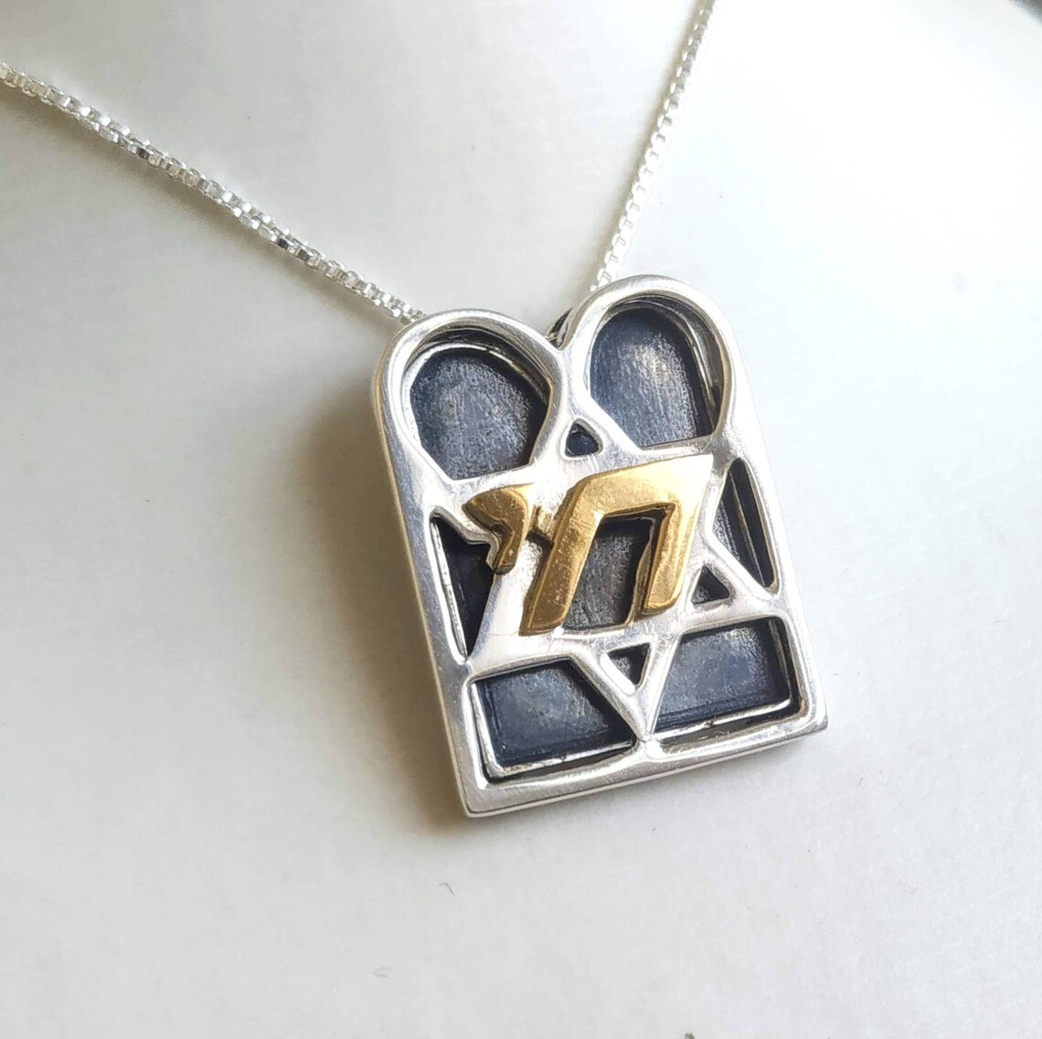 Ten Commandments Two Tone Necklace, Jewish Tablets Star of David Chai ...