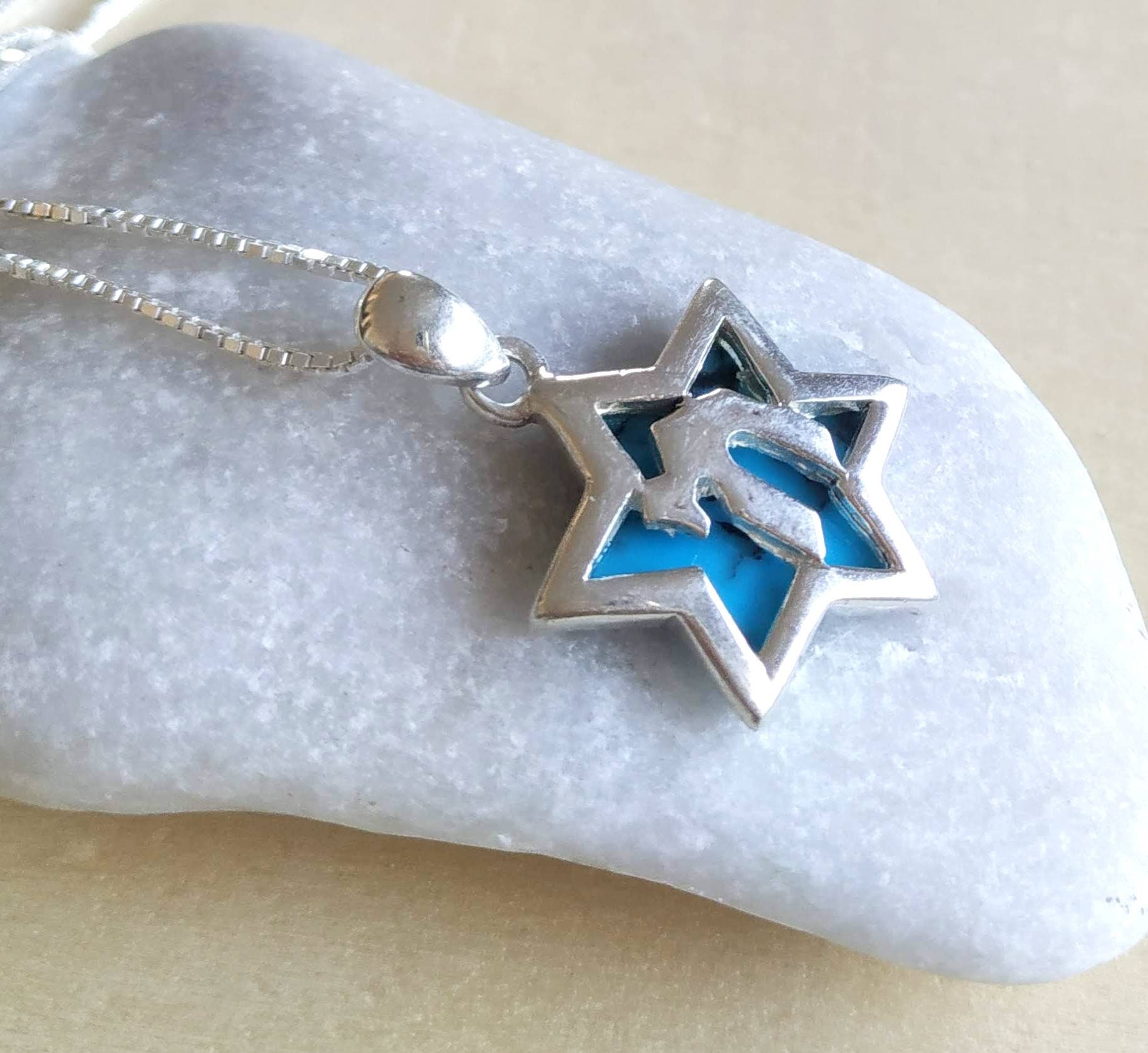 Silver Turquoise Star of David Chai Necklace, Hebrew Chai Star, Jewish ...