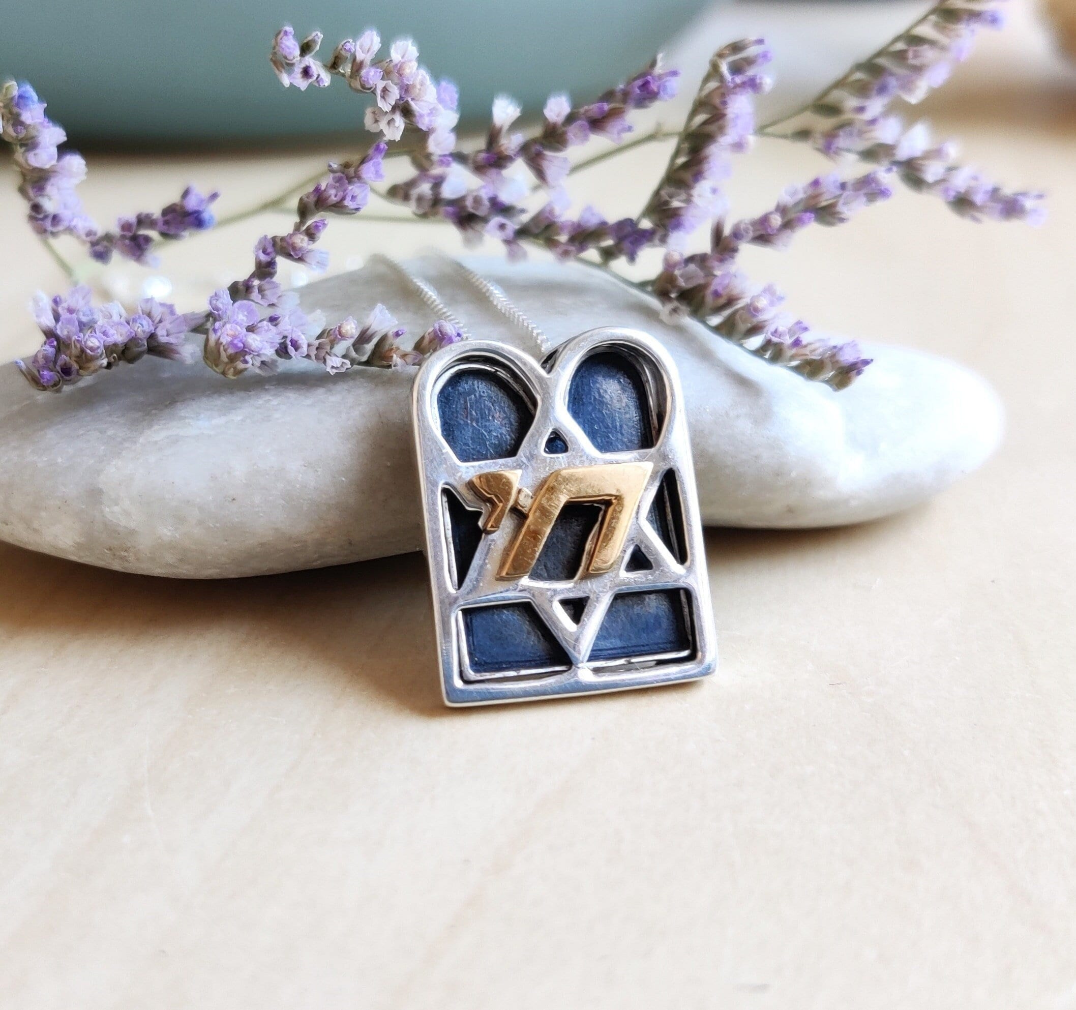 Ten Commandments Two Tone Necklace, Jewish Tablets Star of David Chai ...