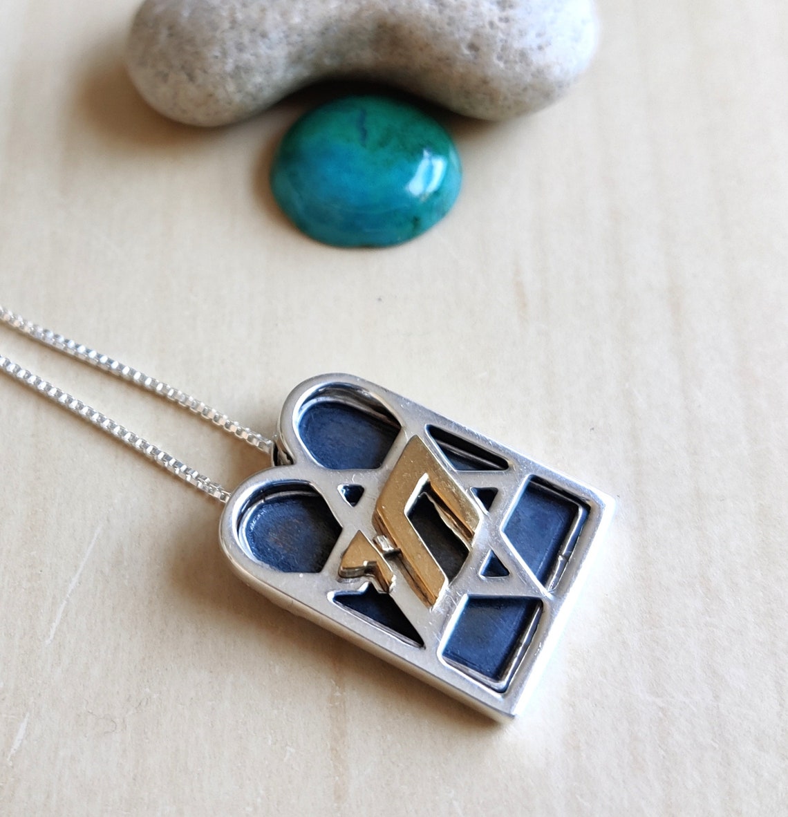 Ten Commandments Two Tone Necklace, Jewish Tablets Star of David Chai ...
