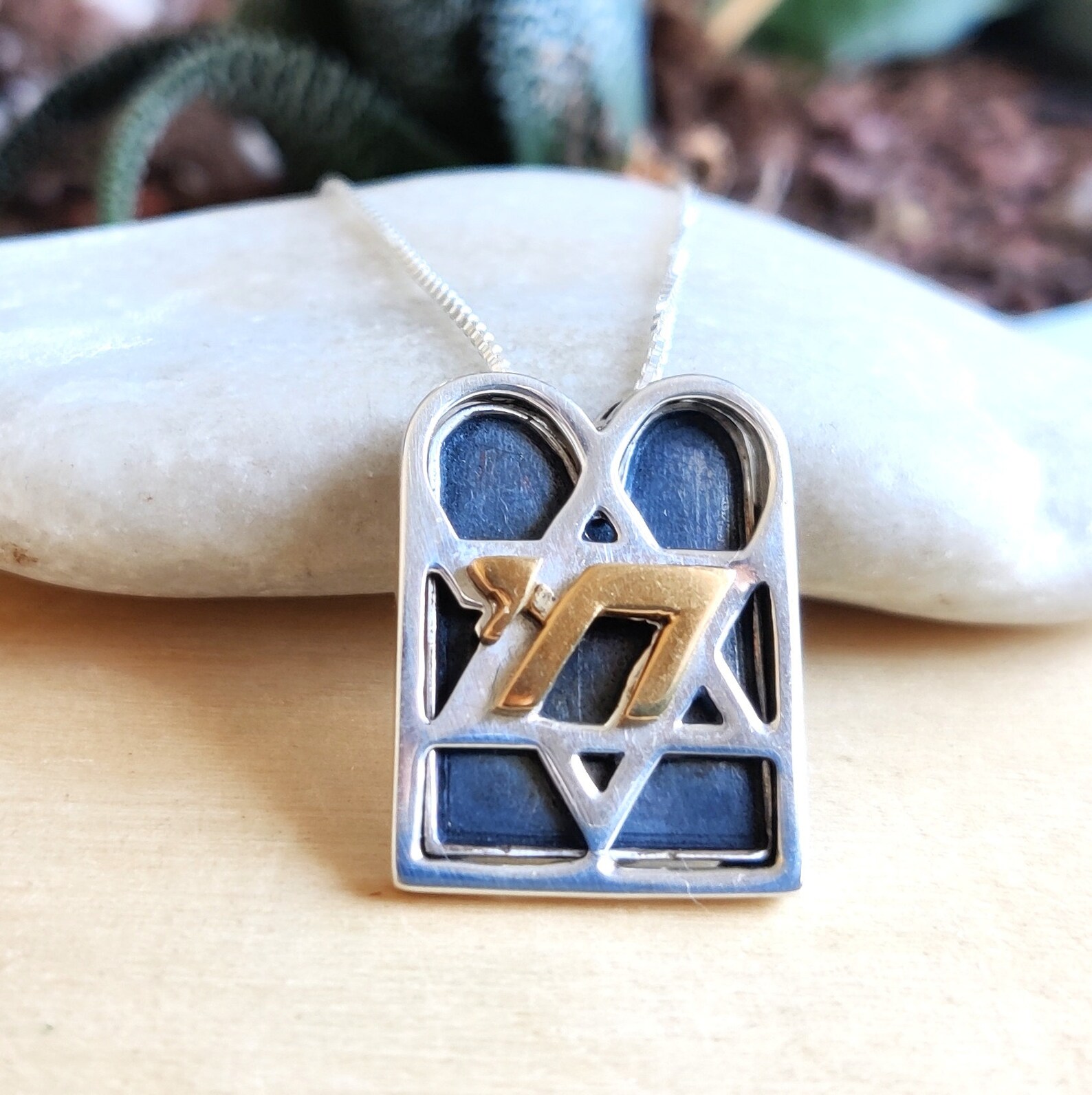 Ten Commandments Two Tone Necklace, Jewish Tablets Star of David Chai ...