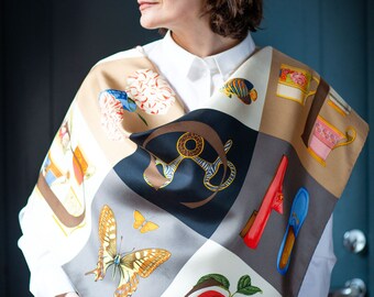 Baroque Print Pocket Watches Clock Silk Scarf Vintage Blue Grey ...