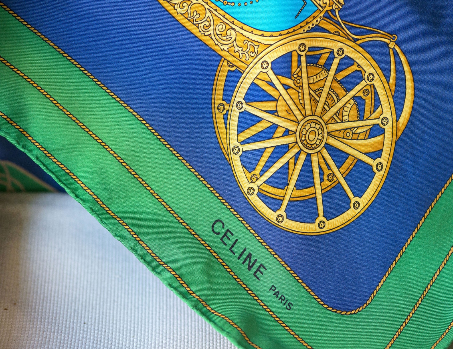 Scarf CELINE Paris Carriages Pattern Green Navy Yellow. Pure - Etsy