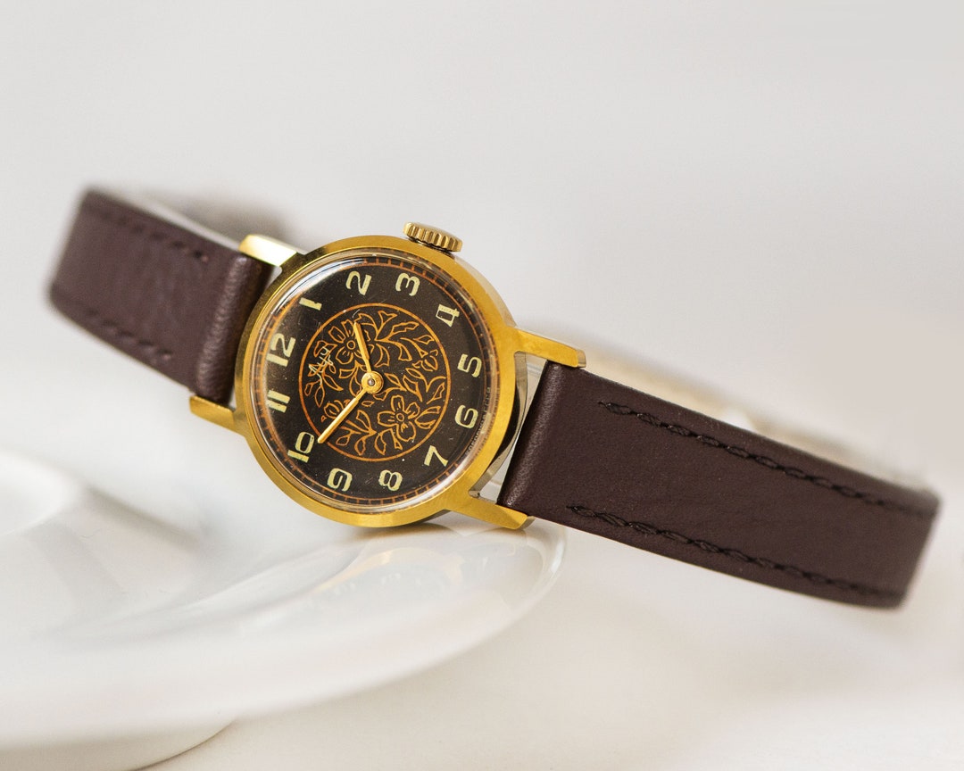 Vintage Luch Ray Women's Watch: Gold Floral Dial, New Leather Strap - Etsy