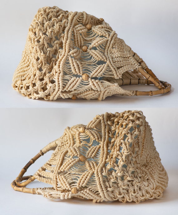 Macrame summer bag vintage bamboo handles. Vintage to… - Gem