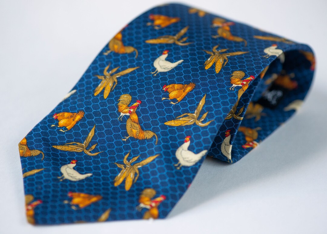 Vintage Fun Chicken Rooster Tie Navy Brown Farm Pattern. Pure Silk Mens ...