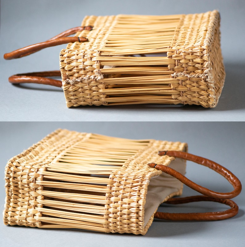 Vintage Woven Reed Straw Beach Bag. Genuine Leather Handles - Etsy