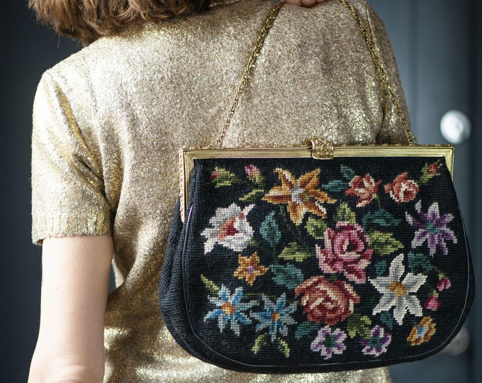 Floral Needlepoint Framed Bag Retro Black Floral Gift. Boho Handbag Top ...