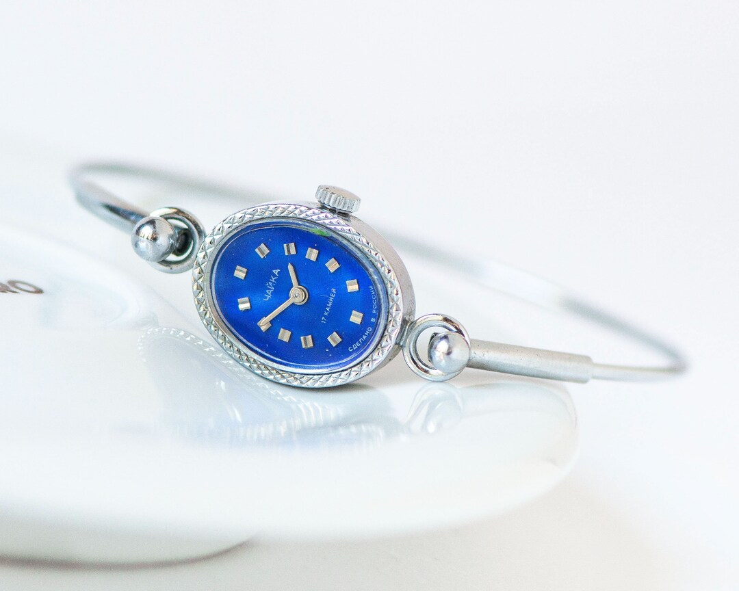Classic Cocktail Watch for Women CHAIKA Silver Shade. Vintage Navy Dial ...