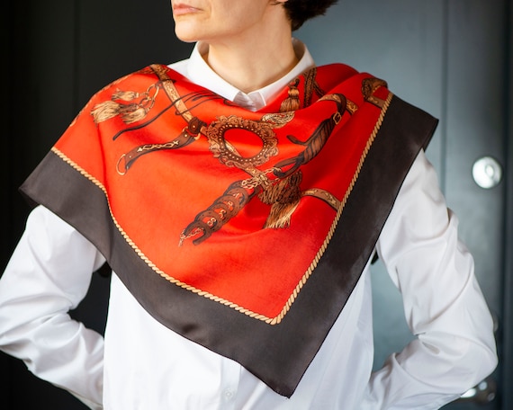 Vintage equestrian print Scarf red brown. Royal horse… - Gem