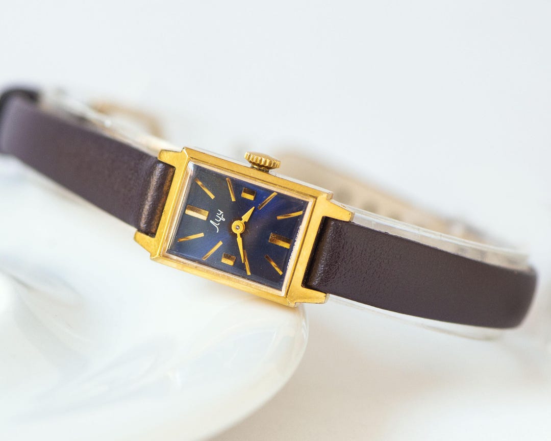 Gold Plated Tank Watch for Women RAY, Navy Blue Dial Minimalist Gift ...