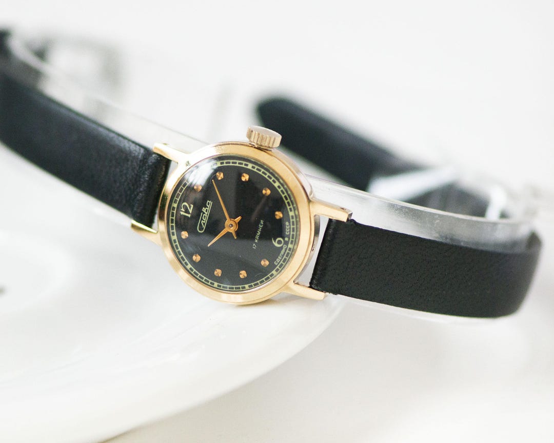 Unused Women Watch Black Dial Gold Plated SLAVA Lady Wristwatch Classic ...