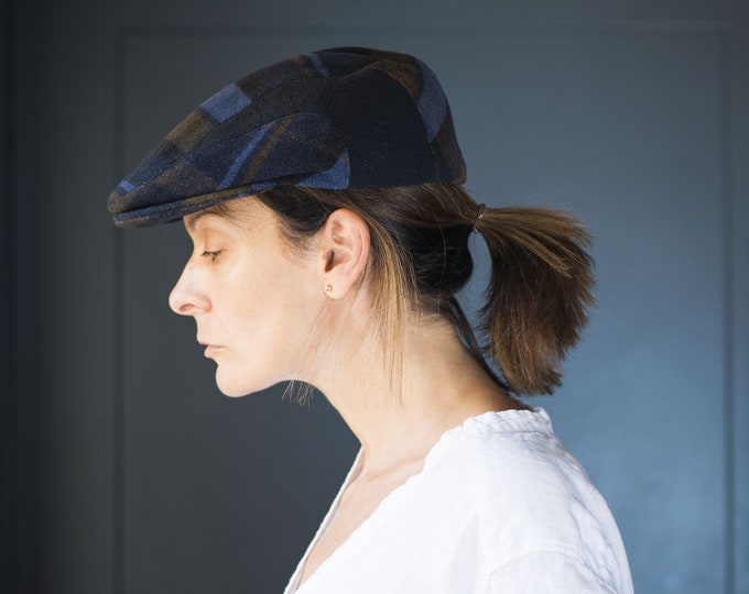 Dark Brown Navy Men's Flat Cap tartan Pattern. Wool Cap Size 56 \ 57 ...