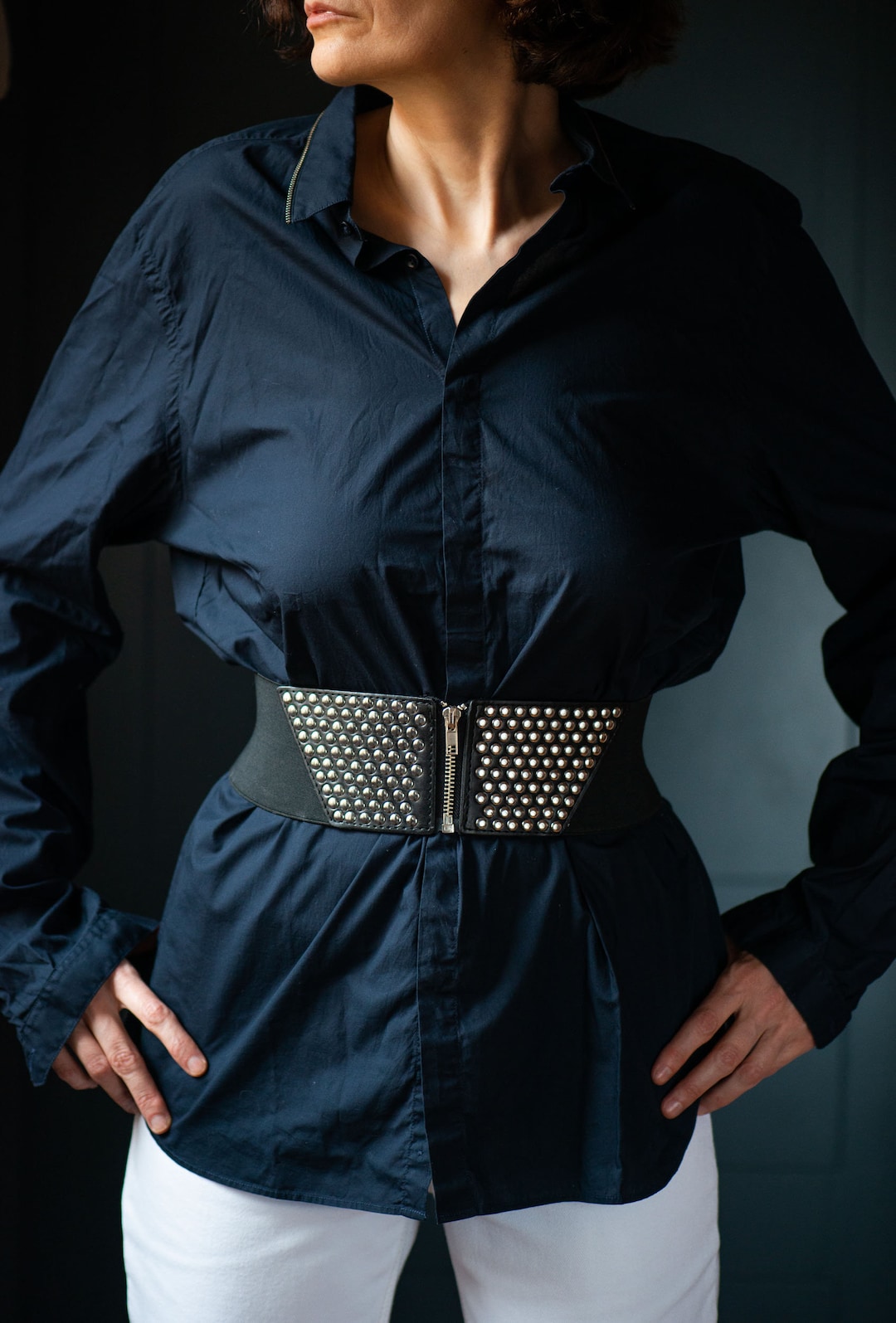 Rivets Belt for Tiny Women Waist Black. Punk Belt With Zipper Stretchy ...