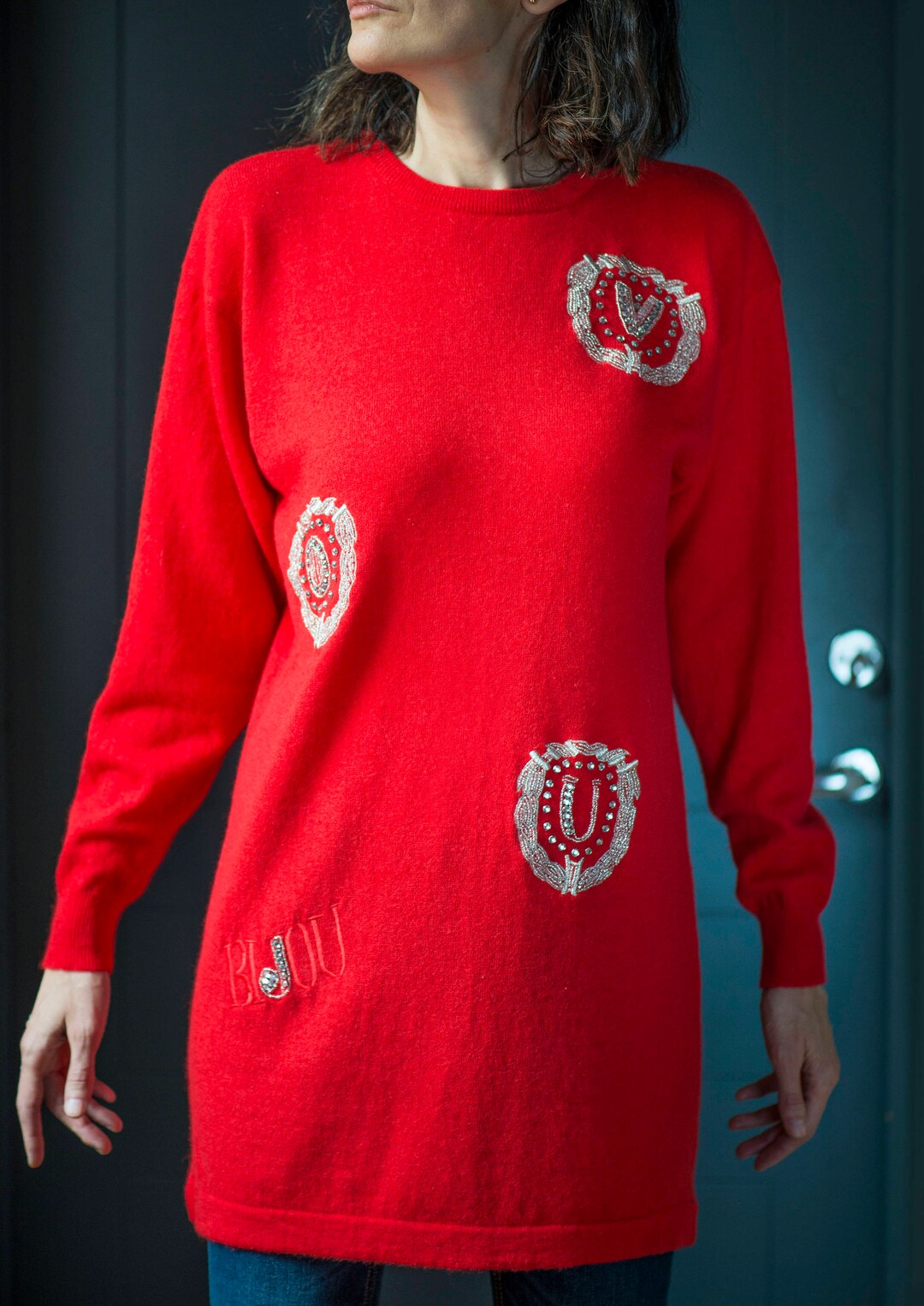 Red Lambswool Angora Long Sweater Dress. Beaded Letters - Etsy