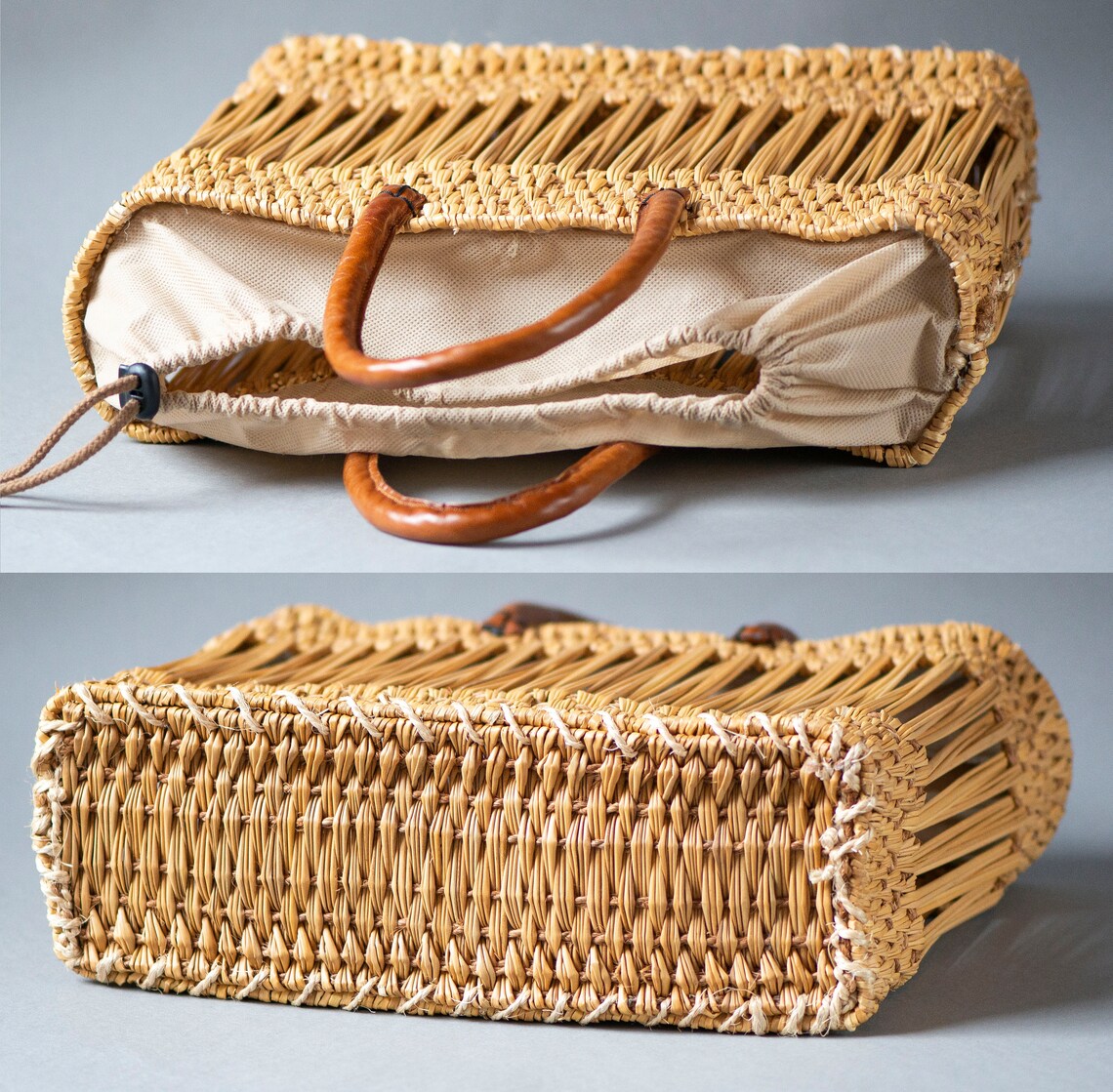 Vintage Woven Reed Straw Beach Bag. Genuine Leather Handles - Etsy