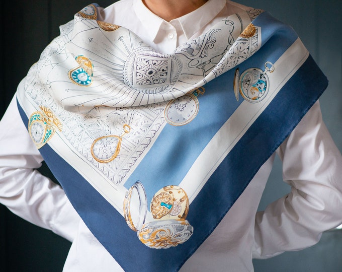 Baroque Print Pocket Watches Clock Silk Scarf Vintage Blue Grey ...