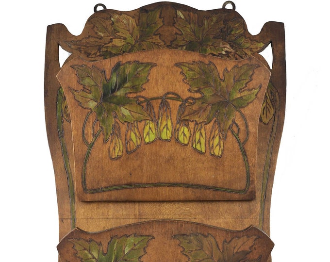 Antique Art Nouveau Wooden Wall Mounted Newspaper Rack Floral Decorated ...