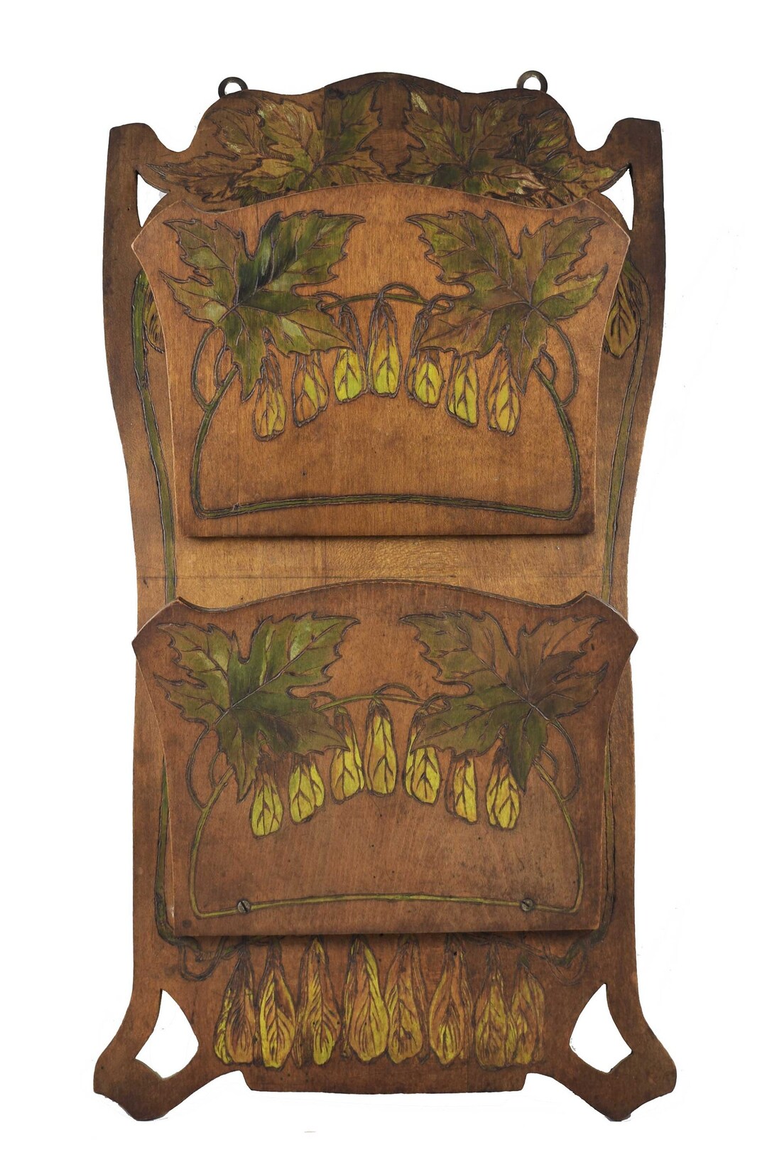 Antique Art Nouveau Wooden Wall Mounted Newspaper Rack Floral Decorated ...