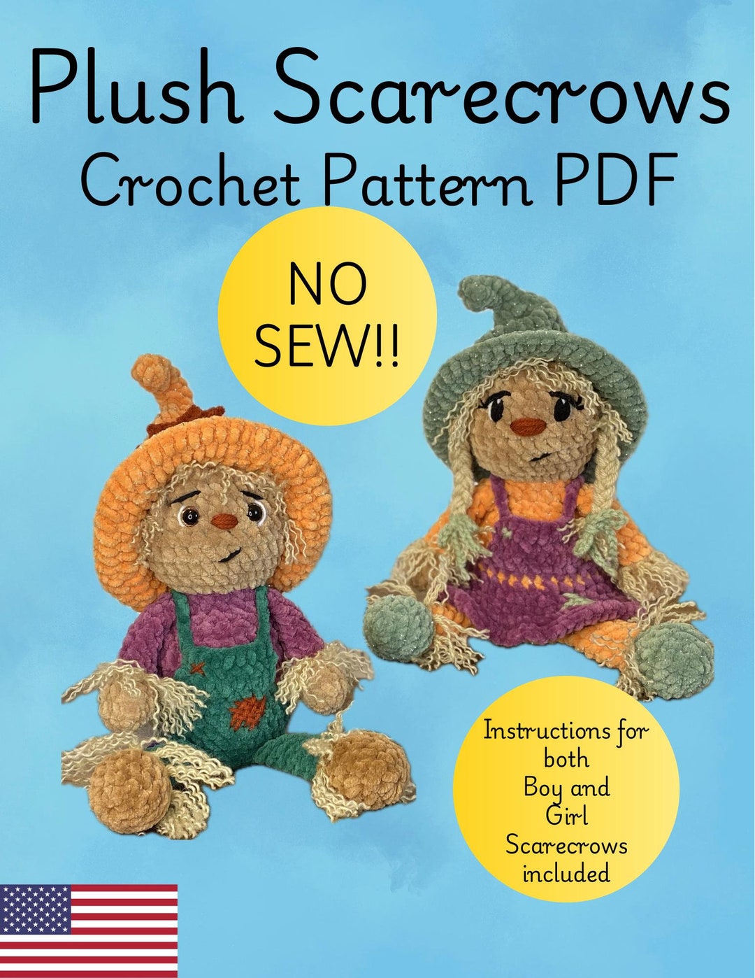 Plush Scarecrows Crochet Pattern PDF- Scarecrow Amigurumi Pattern for Fall Decor- No Sew Crochet ...