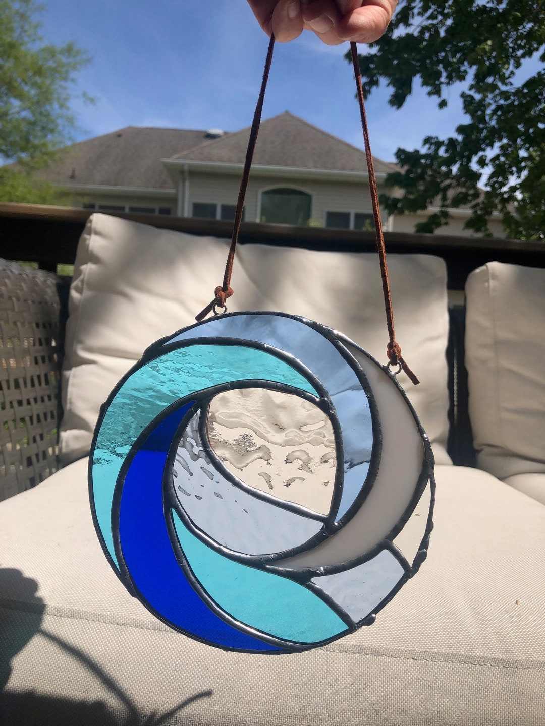 Blue Ocean Wave Stained Glass Sun Catcher, Blue Wave Stained Glass ...