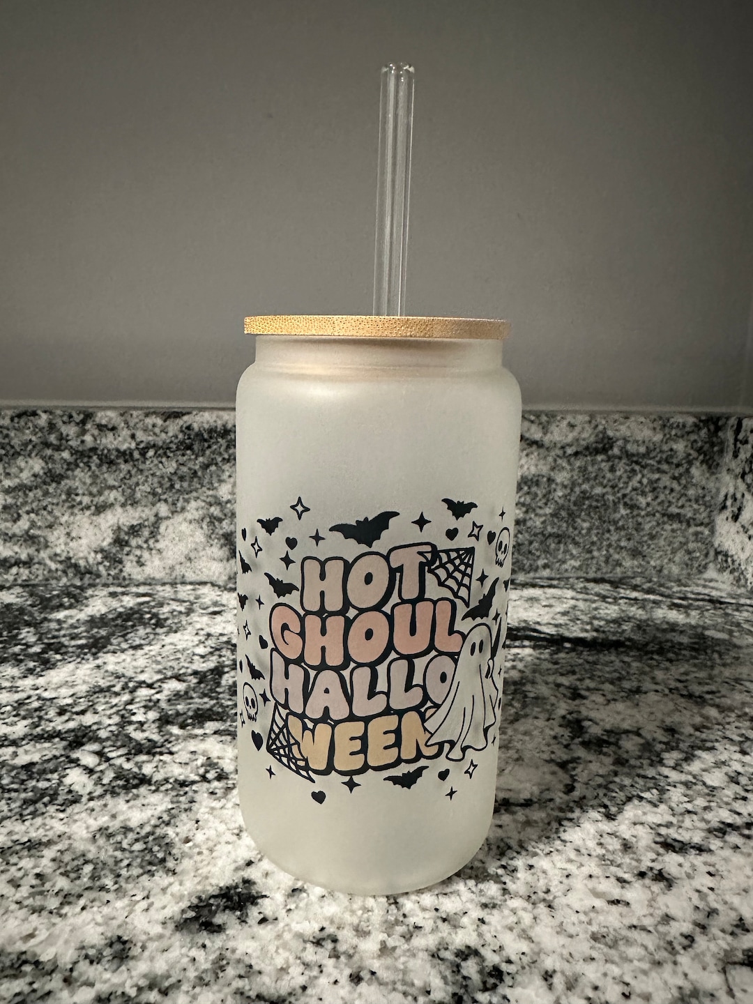 Hot Ghoul Halloween Frosted Glass Can 18oz Cup With Bamboo Lid and ...