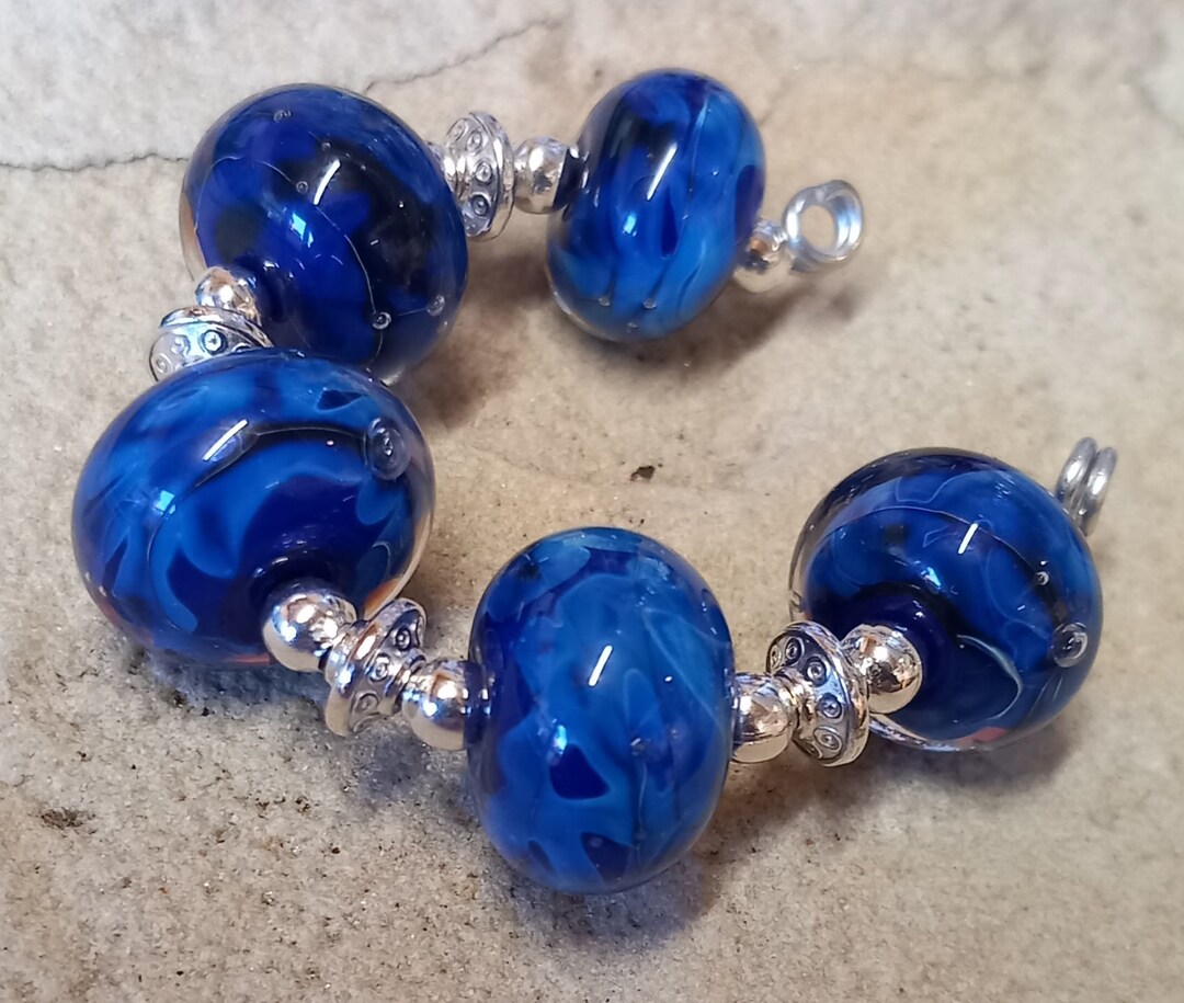 Deep Blue Reactive Silver Glass Handmade Lampwork Glass Bead Set ...