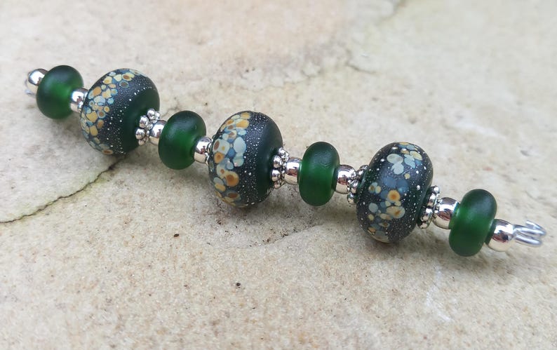 Green Sugar Coated Style Lampwork Glass Bead Pair and Spacers Artisan ...
