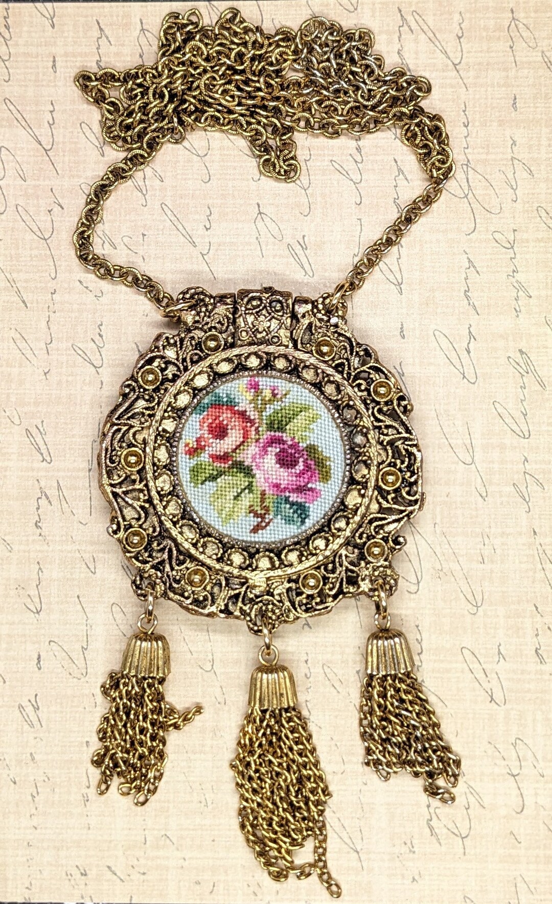 Large Vintage Floral Embroidery Photo Locket Necklace With Tassels, 31 ...