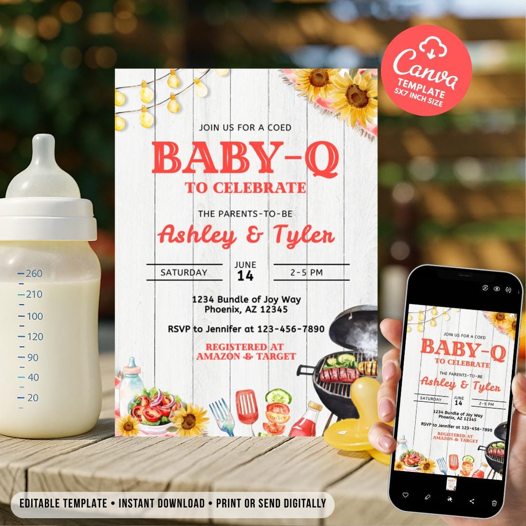 Baby-q Baby Shower Invitation: BBQ Theme, Editable Canva Template ...