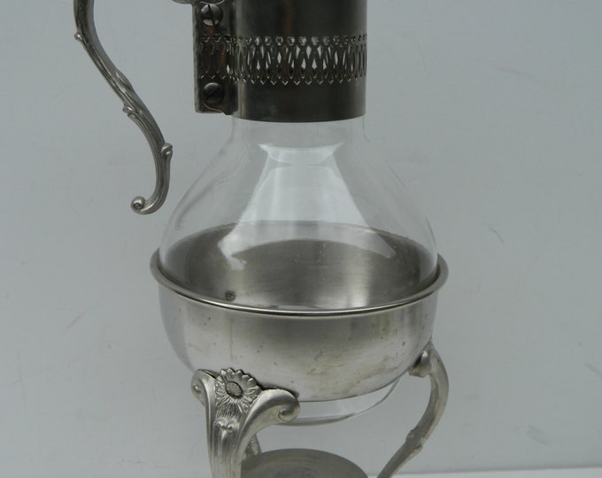 Vintage Coffee Or Tea Glass Carafe With Silver Tone Metal Frame With