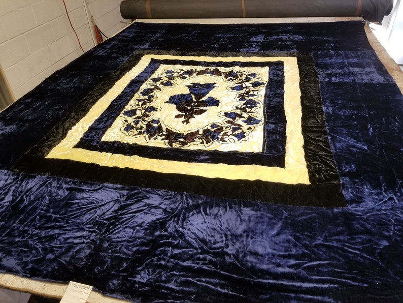 Navy Blue Velvet Patchwork Floral Fabric for Tapestry, Quilt, Blanket ...