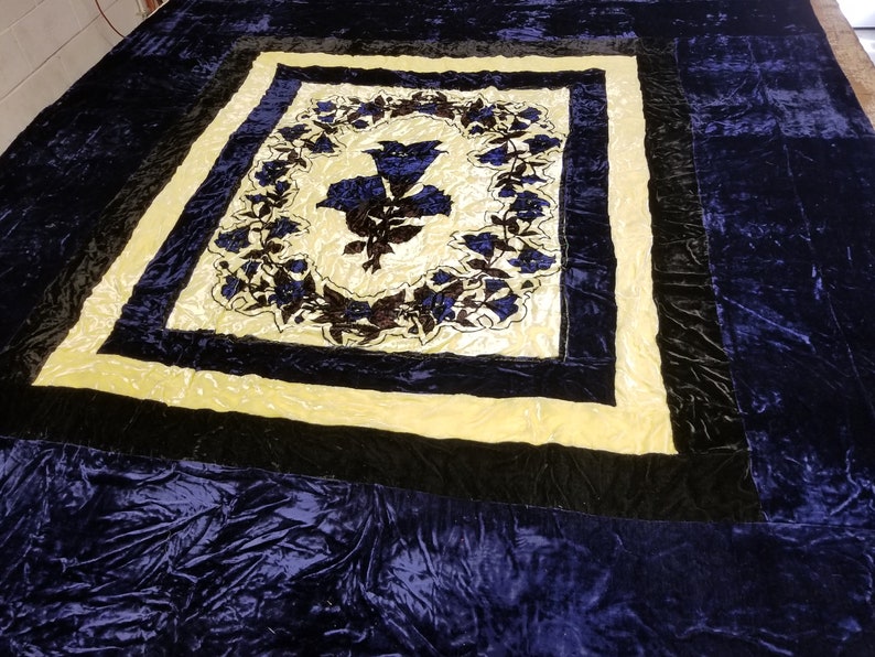 Navy Blue Velvet Patchwork Floral Fabric for Tapestry, Quilt, Blanket ...