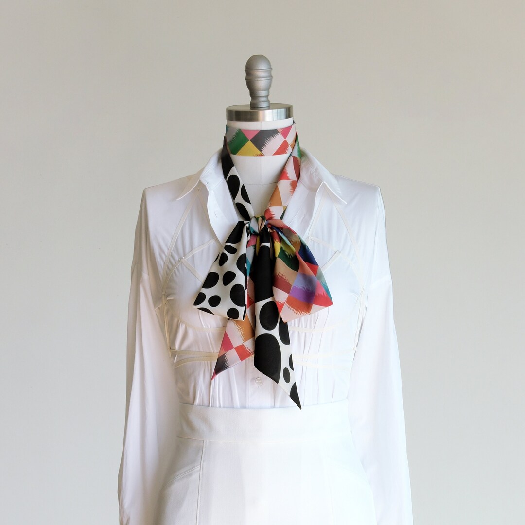 Maxi Long Skinny Scarf in Spring Colorful Check/black Dot Print, Bright ...